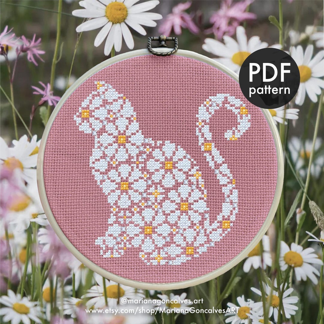 Cat Daisies, Cross Stitch, PDF Pattern, Floral, Kitten Silhouette ...