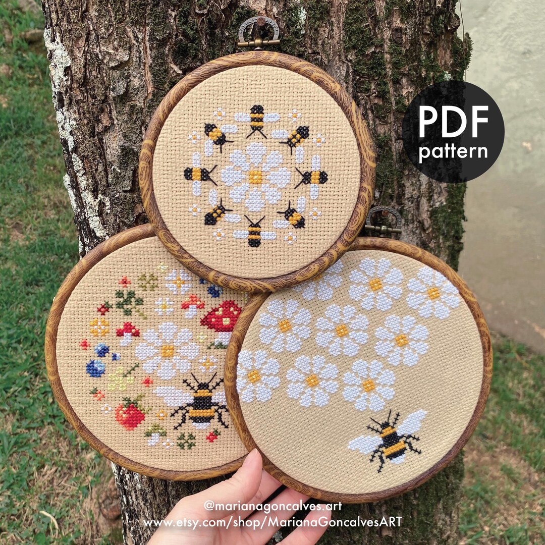 3er Set Kreuzstich PDF Muster, Biene, Gänseblümchen, Pilz, Erdbeere ...