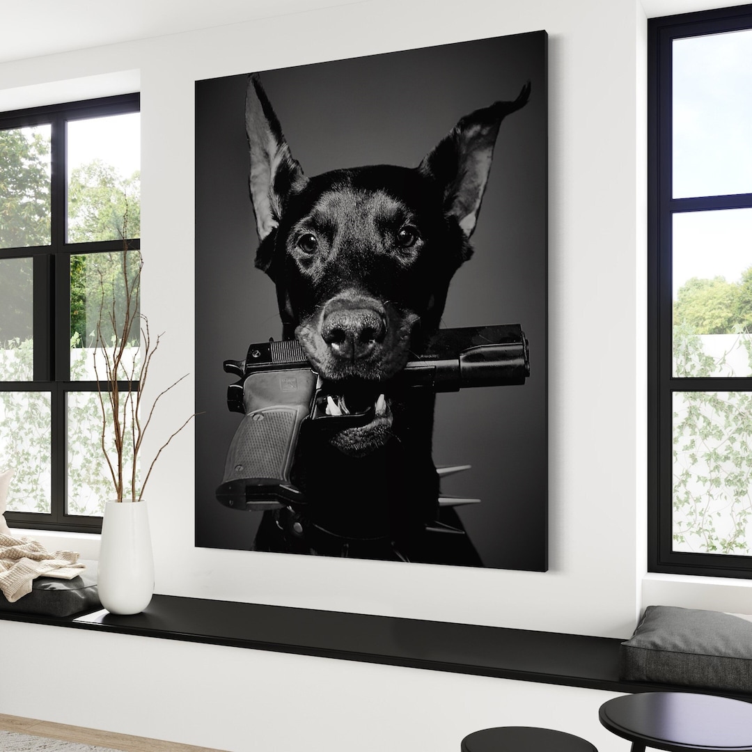 Doberman Gun (CANVAS) Black and White - Motivation - Large Canvas ...