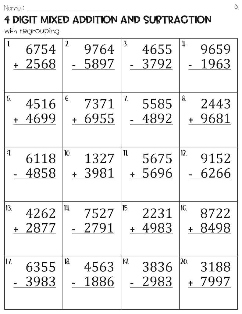 4 Digit Mixed Addition and Subtraction With Regrouping Worksheets - Etsy
