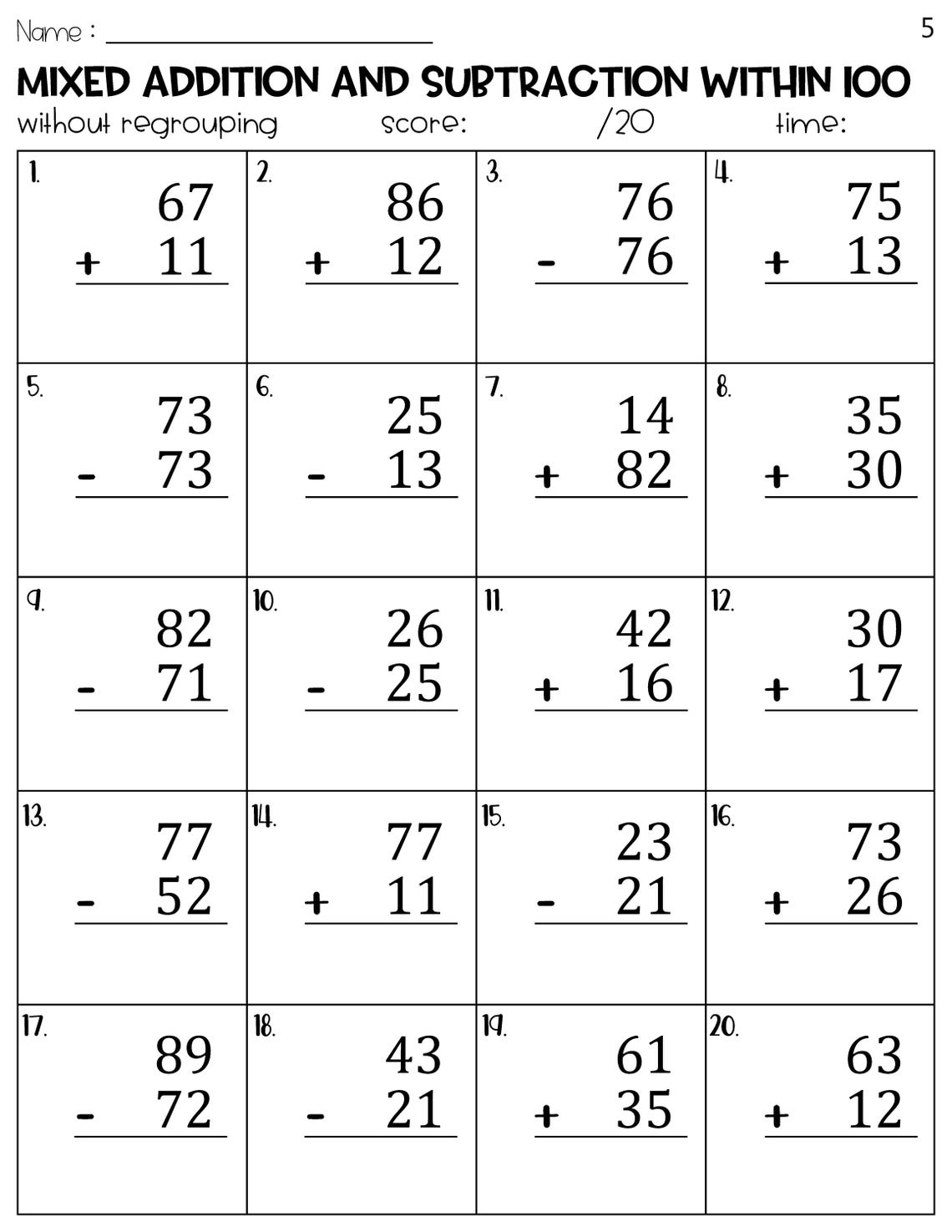 Mixed Addition and Subtraction Within 100 Without Regrouping Worksheets ...