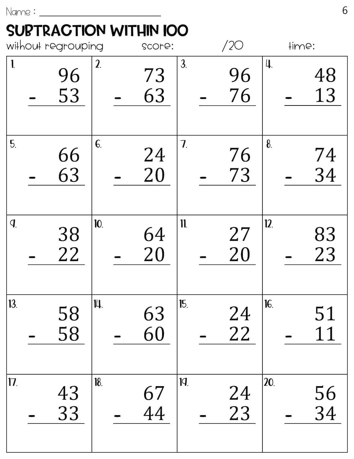 Subtraction Within 100 Without Regrouping Worksheets - Etsy