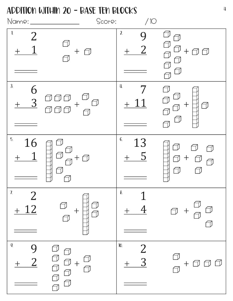 Addition Within 20 With Pictures Base Ten Blocks Worksheets - Etsy