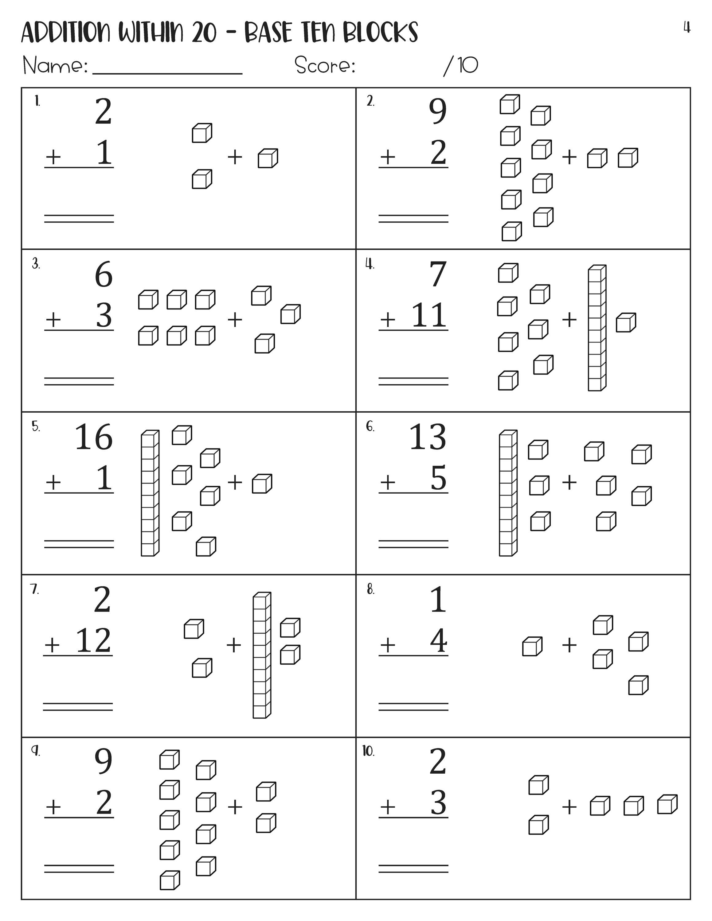 Addition Within 20 With Pictures Base Ten Blocks Worksheets - Etsy