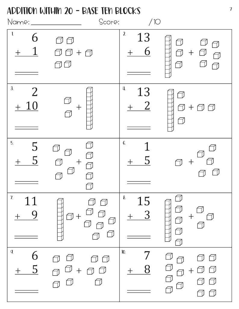 Addition Within 20 With Pictures Base Ten Blocks Worksheets - Etsy