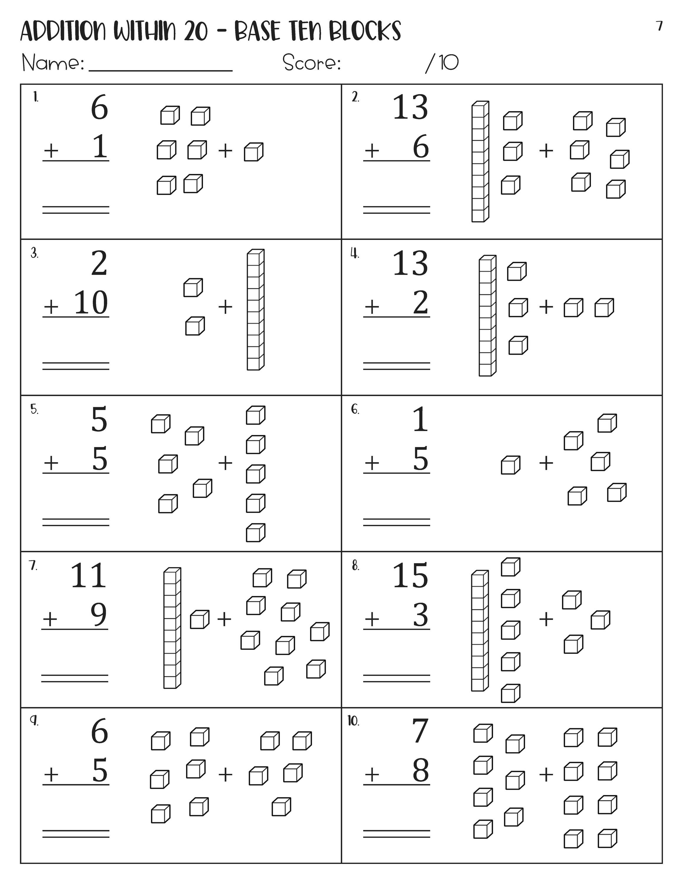 Addition Within 20 With Pictures Base Ten Blocks Worksheets - Etsy
