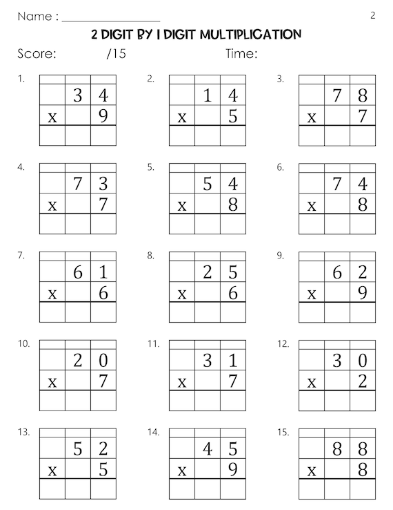 Hojas De Trabajo De Multiplicación De 2 Dígitos Por 1 Dígito