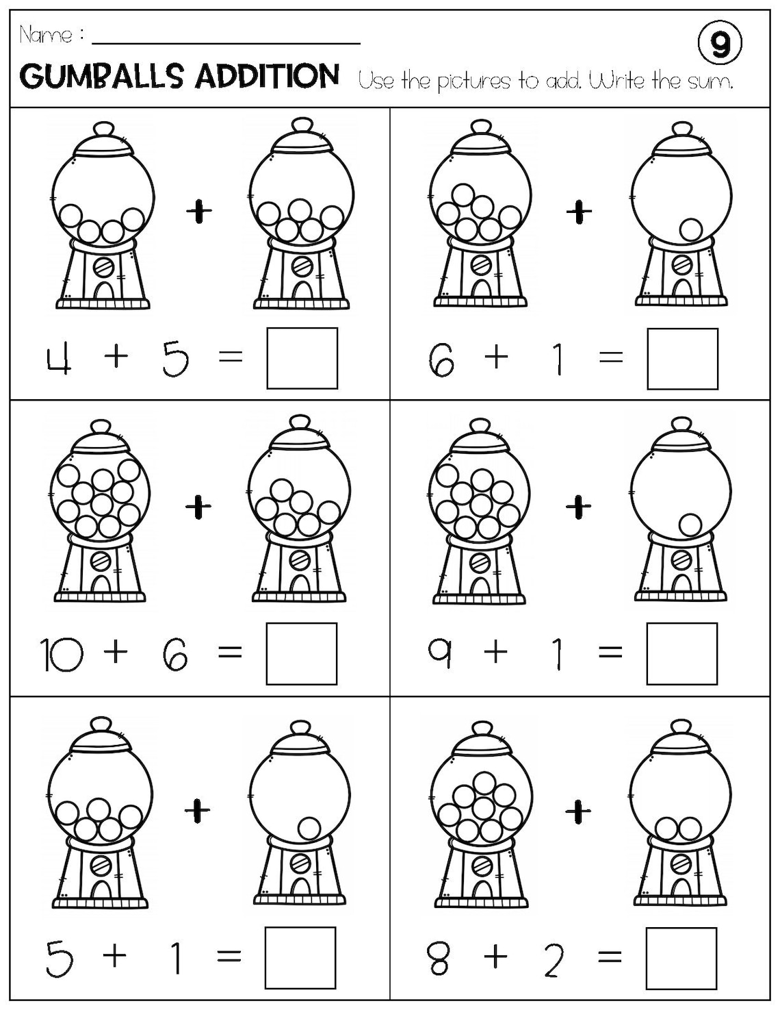 Addition With Pictures Sum up to 20 Worksheets - Adding Gumballs ...