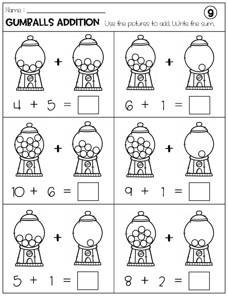 Addition With Pictures Sum up to 20 Worksheets - Adding Gumballs ...