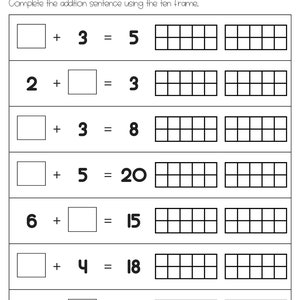 Missing Addends to 20 With Ten Frame Worksheets - Etsy