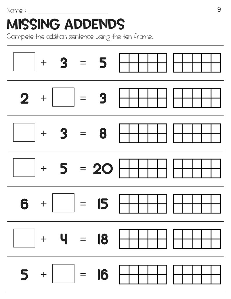 Missing Addends to 20 With Ten Frame Worksheets - Etsy