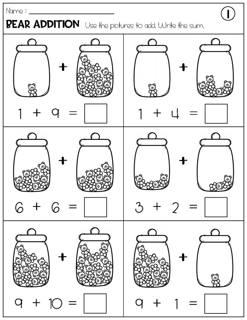 Addition With Pictures Sum up to 20 Worksheets - Adding Bears Pictures ...