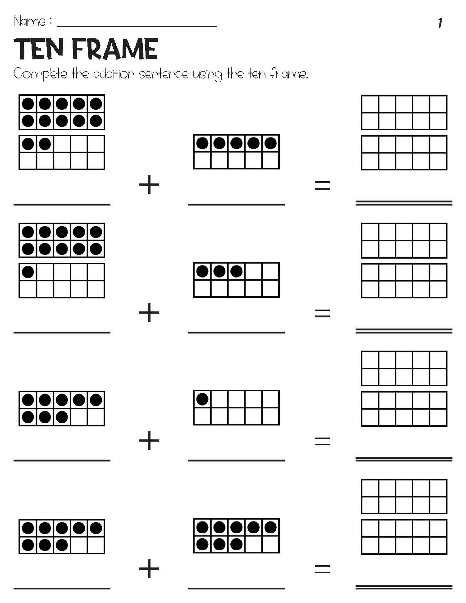 Addition Sums to 20 With Ten Frame Pictures Worksheets - Etsy