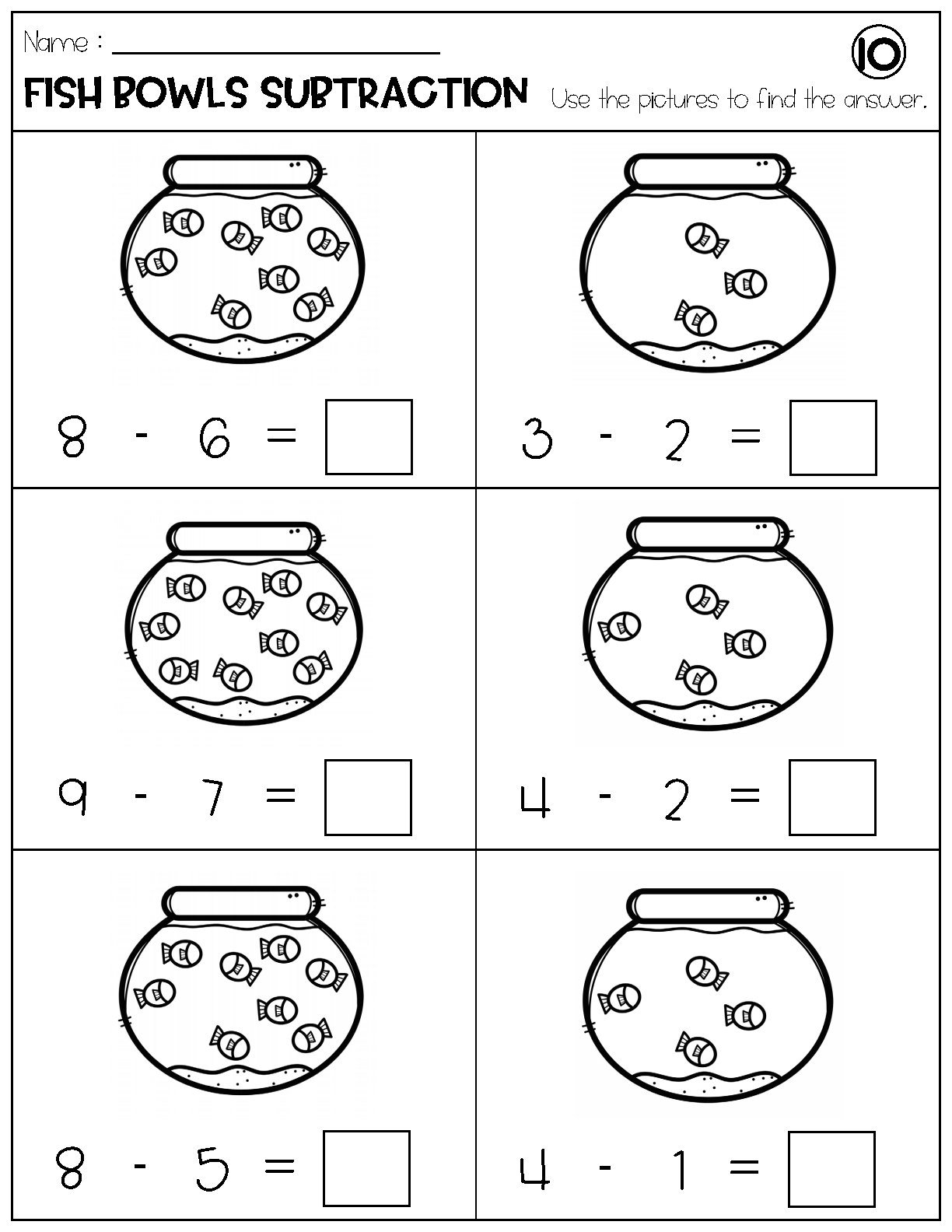 Subtraction With Pictures Within 10 Worksheets - Subtracting Fish Bowls ...