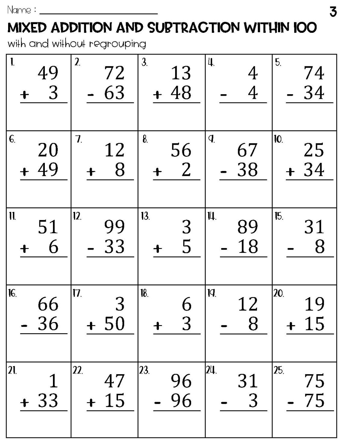 Mixed Addition and Subtraction Within 100 Worksheets - Etsy