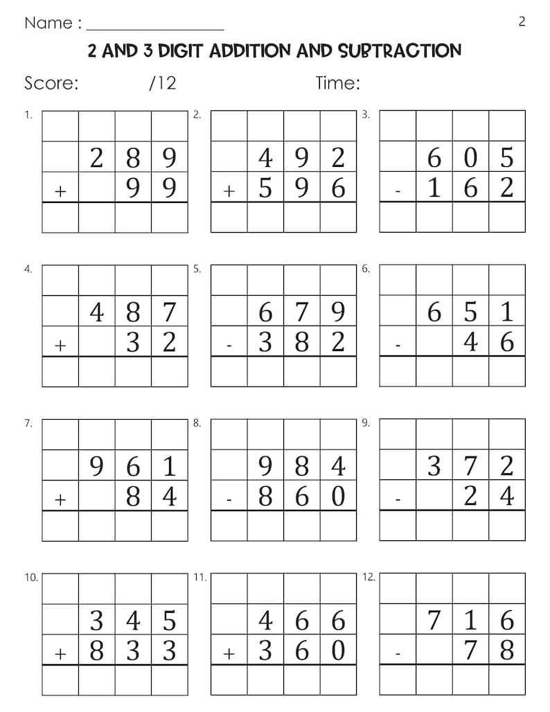 100 Two And Three Digit Mixed Addition And Subtraction With Grid