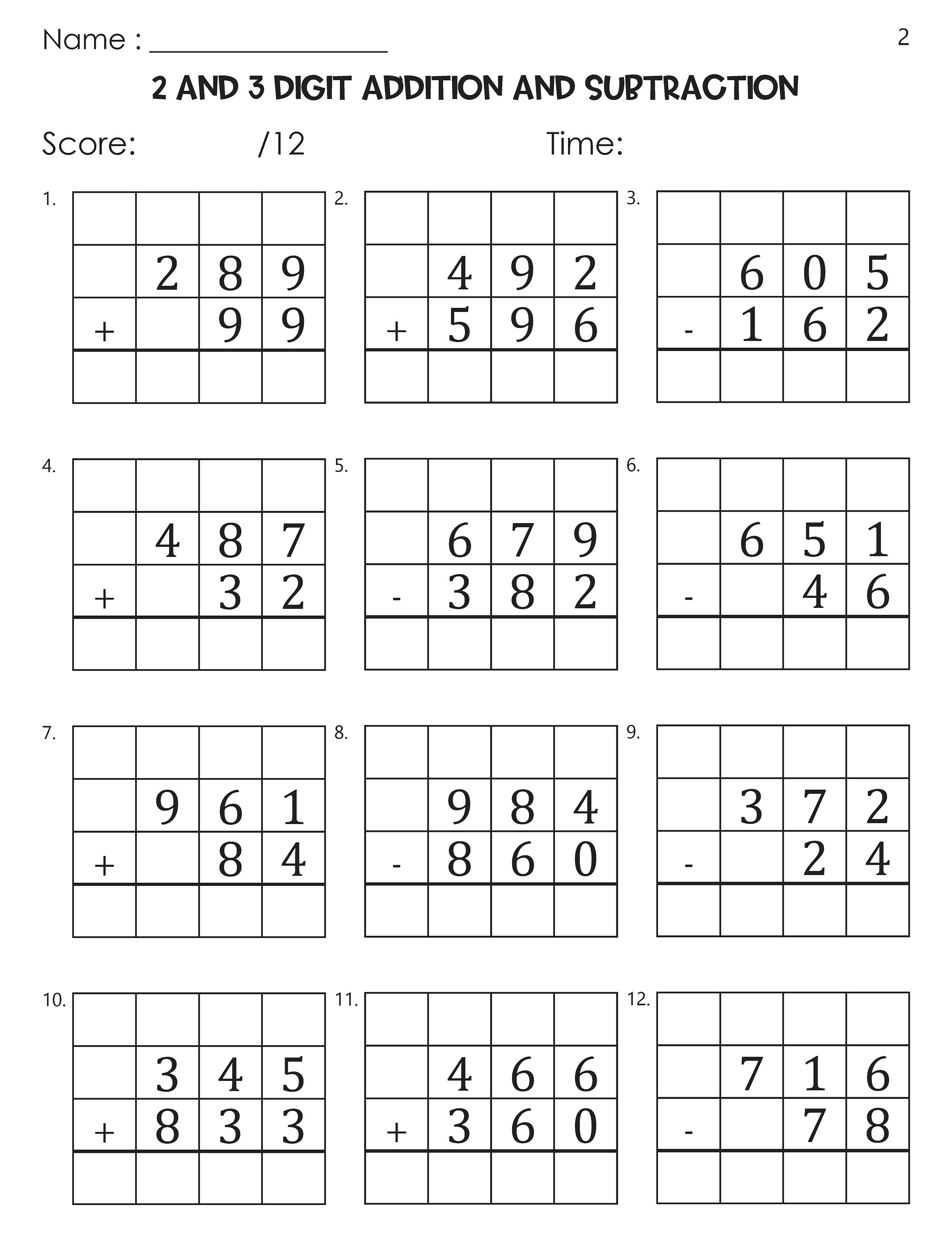 100 Two and Three Digit Mixed Addition and Subtraction With Grid ...