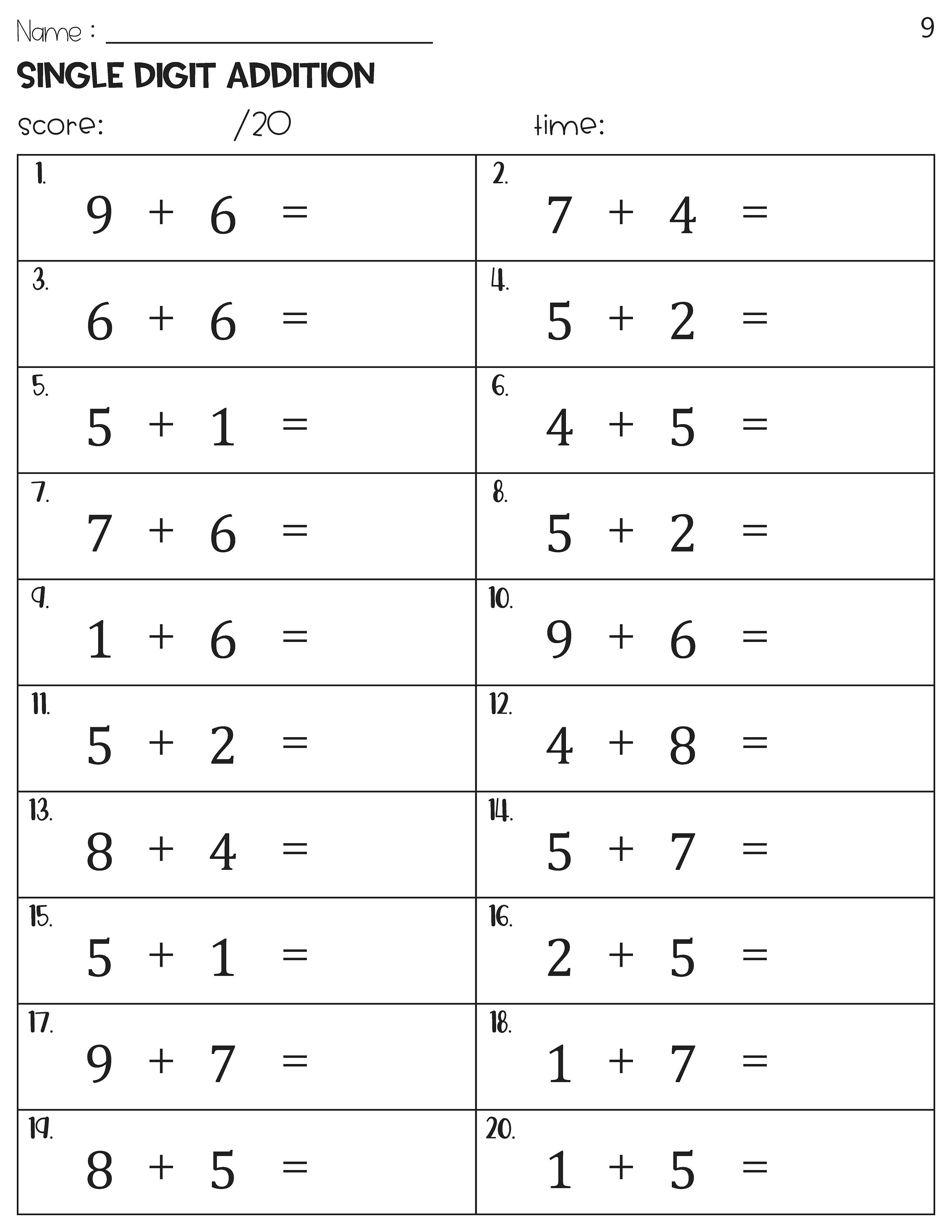 Free Single Digit Addition Worksheets With Pictures Addition