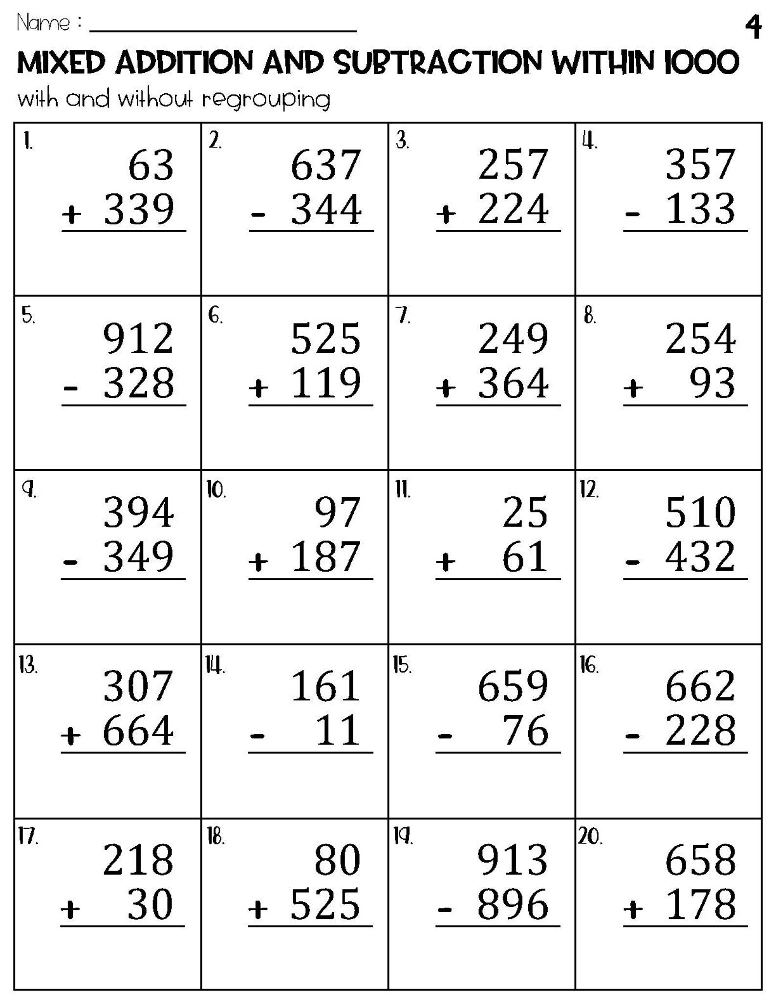 Mixed Addition and Subtraction Within 1000 Worksheets - Etsy