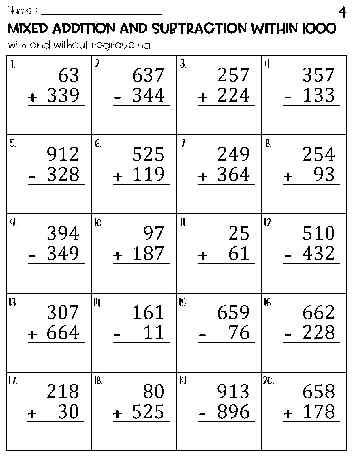 Mixed Addition and Subtraction Within 1000 Worksheets - Etsy