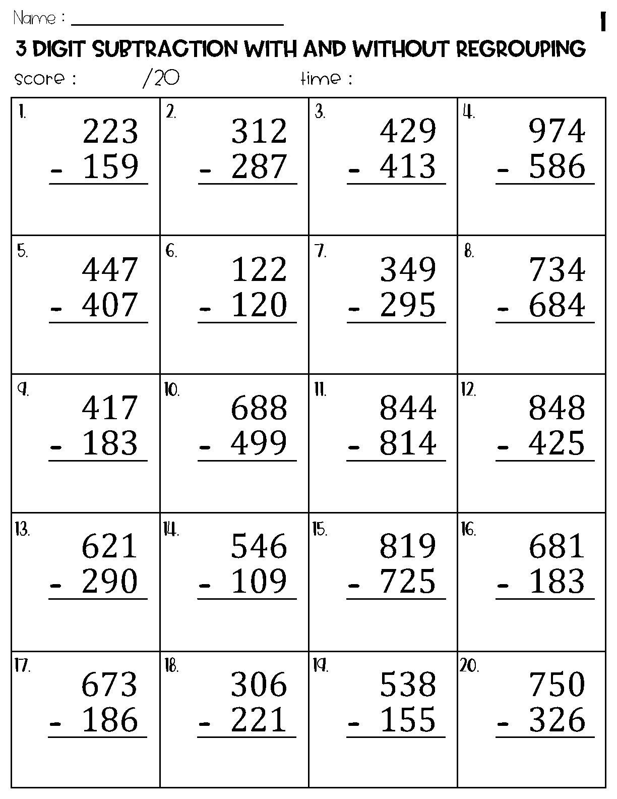 Three Digit Subtraction With and Without Regrouping Worksheets - Etsy