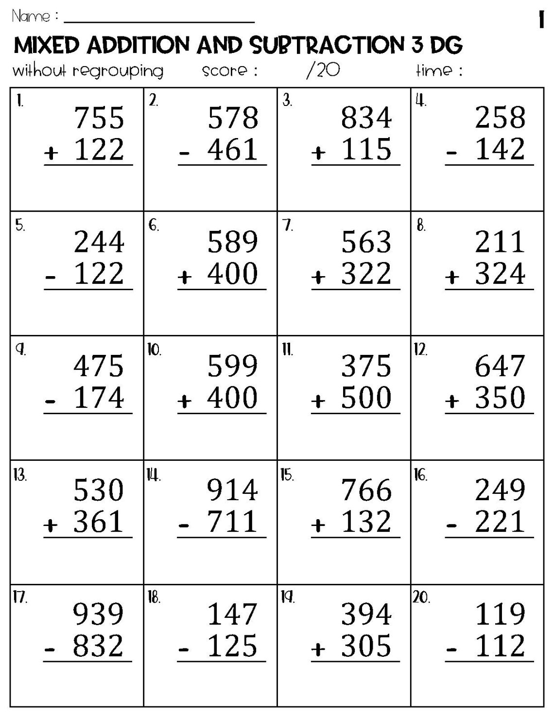 Three Digit Mixed Addition and Subtraction Without Regrouping ...