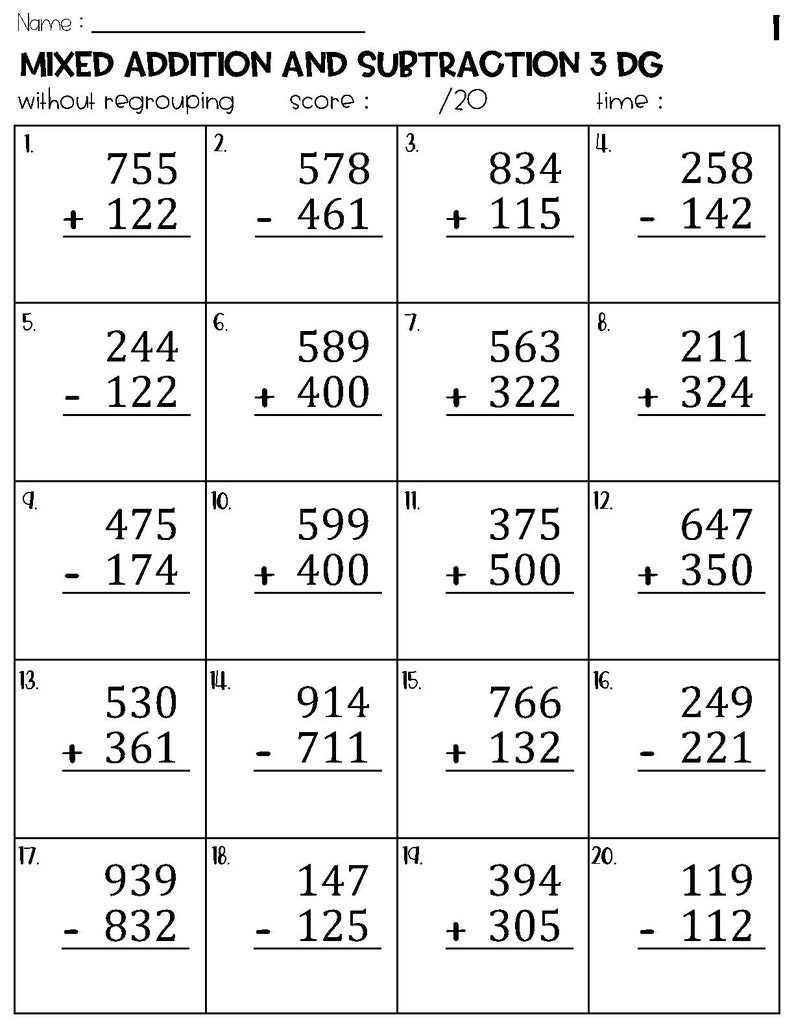 Three Digit Mixed Addition And Subtraction Without Regrouping Etsy UK