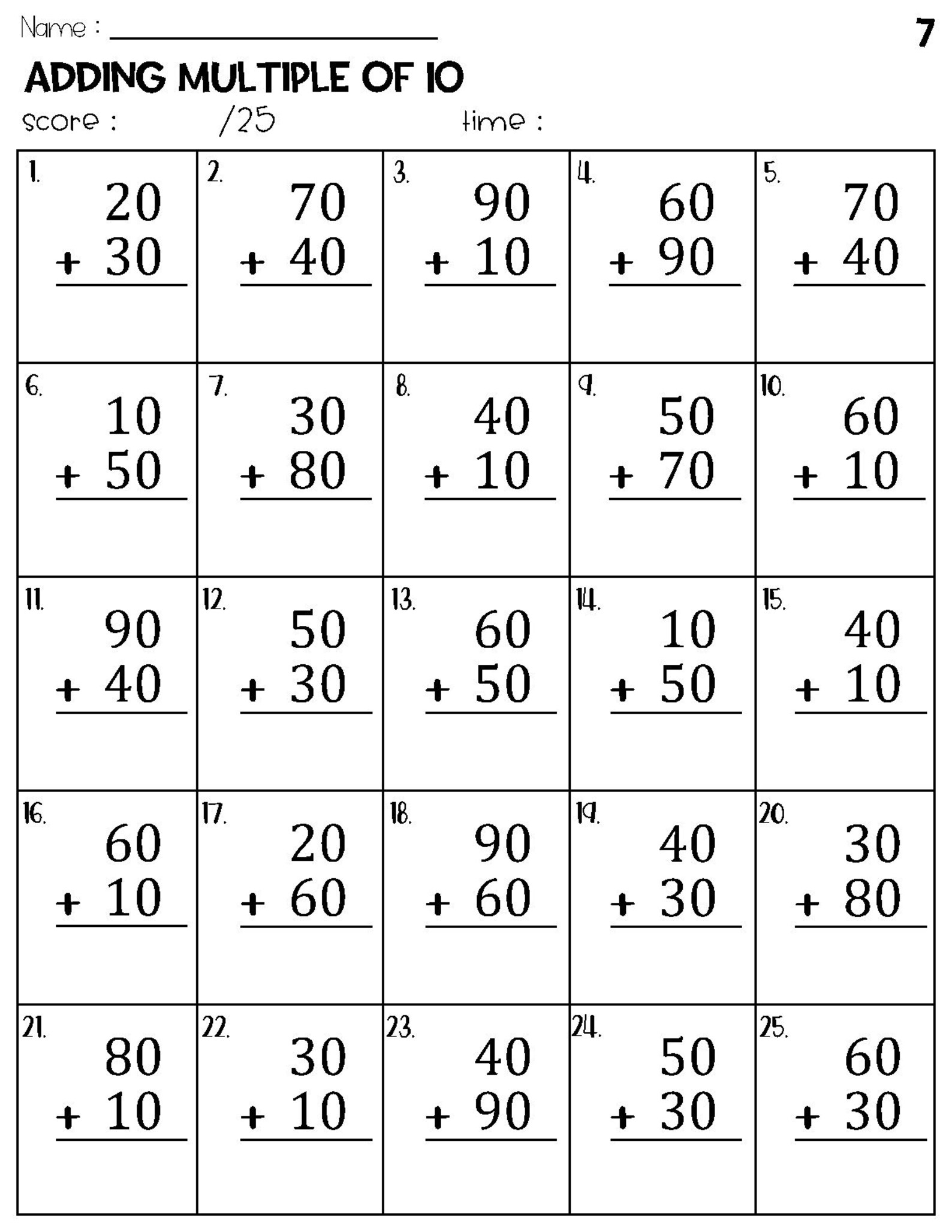Adding Multiple of 10 Worksheets - Etsy