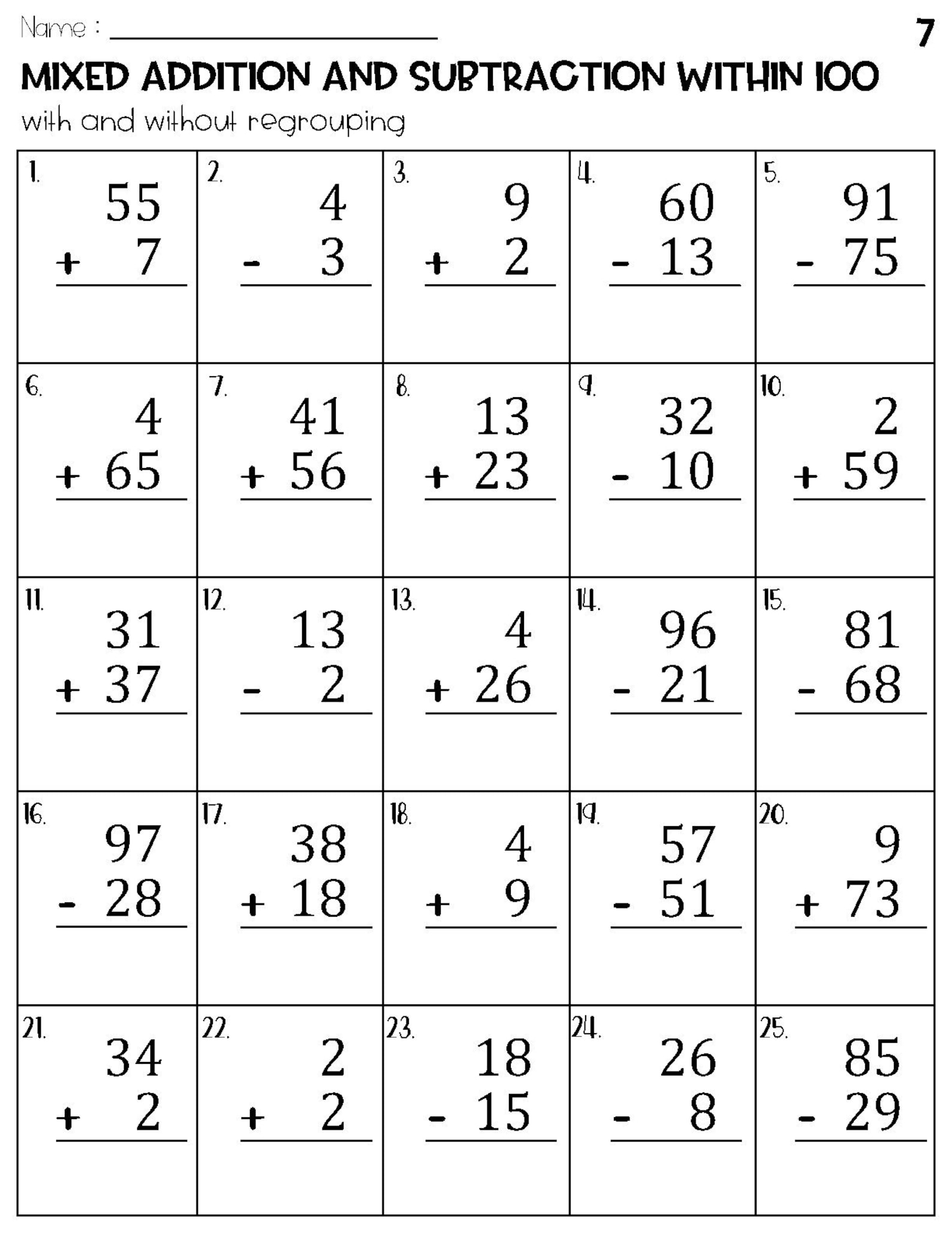 Mixed Addition and Subtraction Within 100 Worksheets - Etsy
