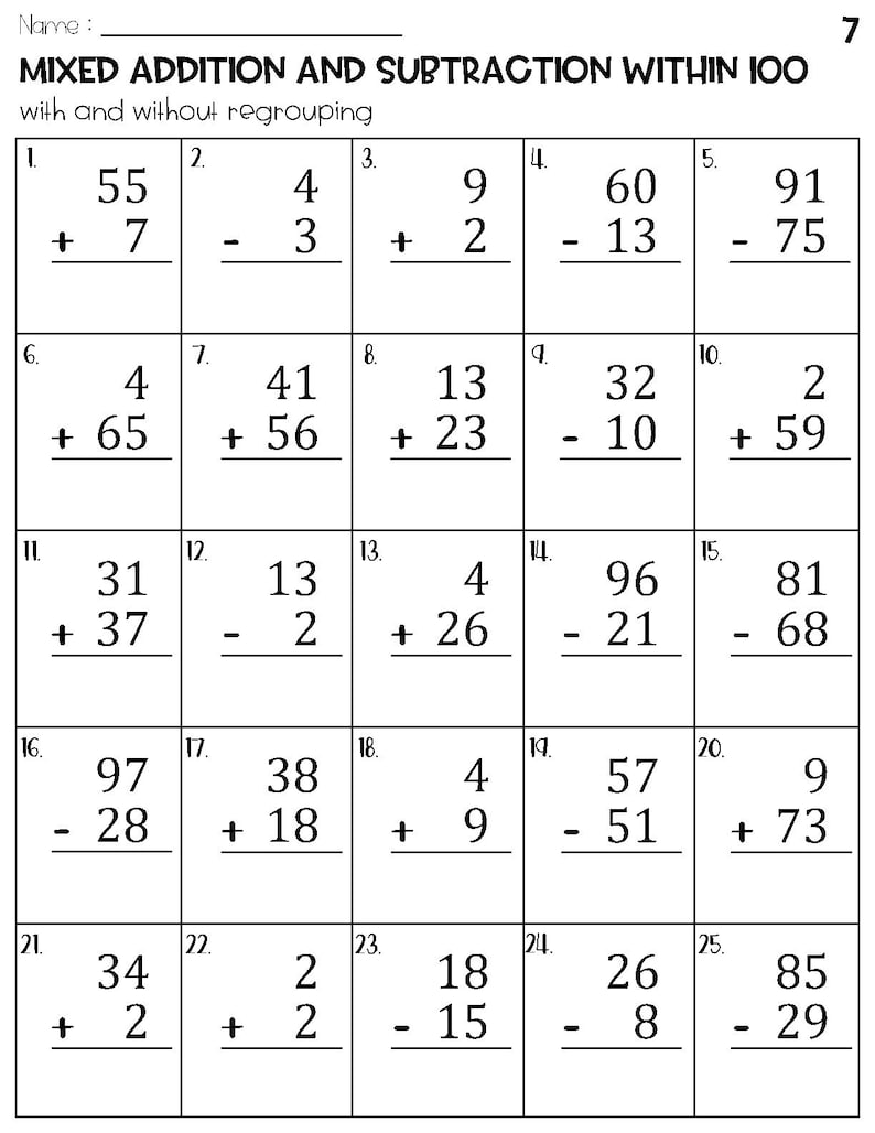 Mixed Addition and Subtraction Within 100 Worksheets - Etsy