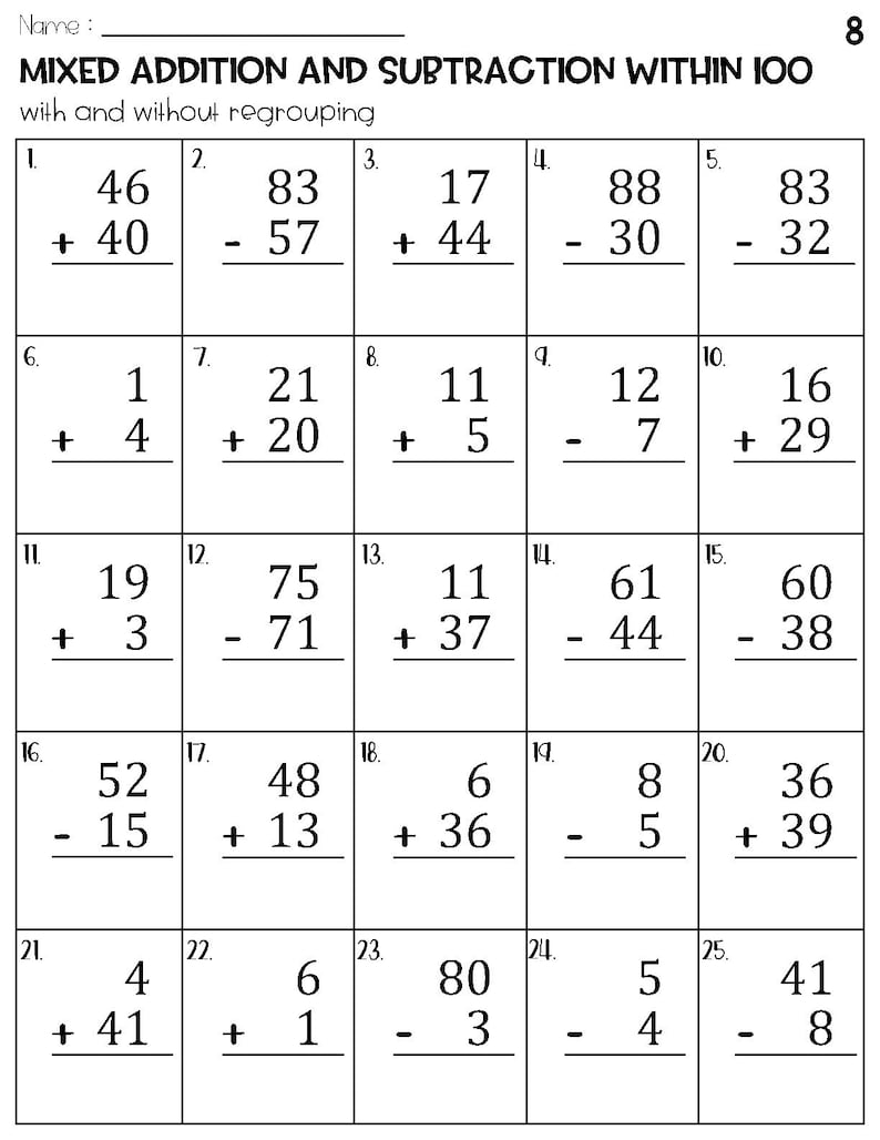 Mixed Addition and Subtraction Within 100 Worksheets - Etsy