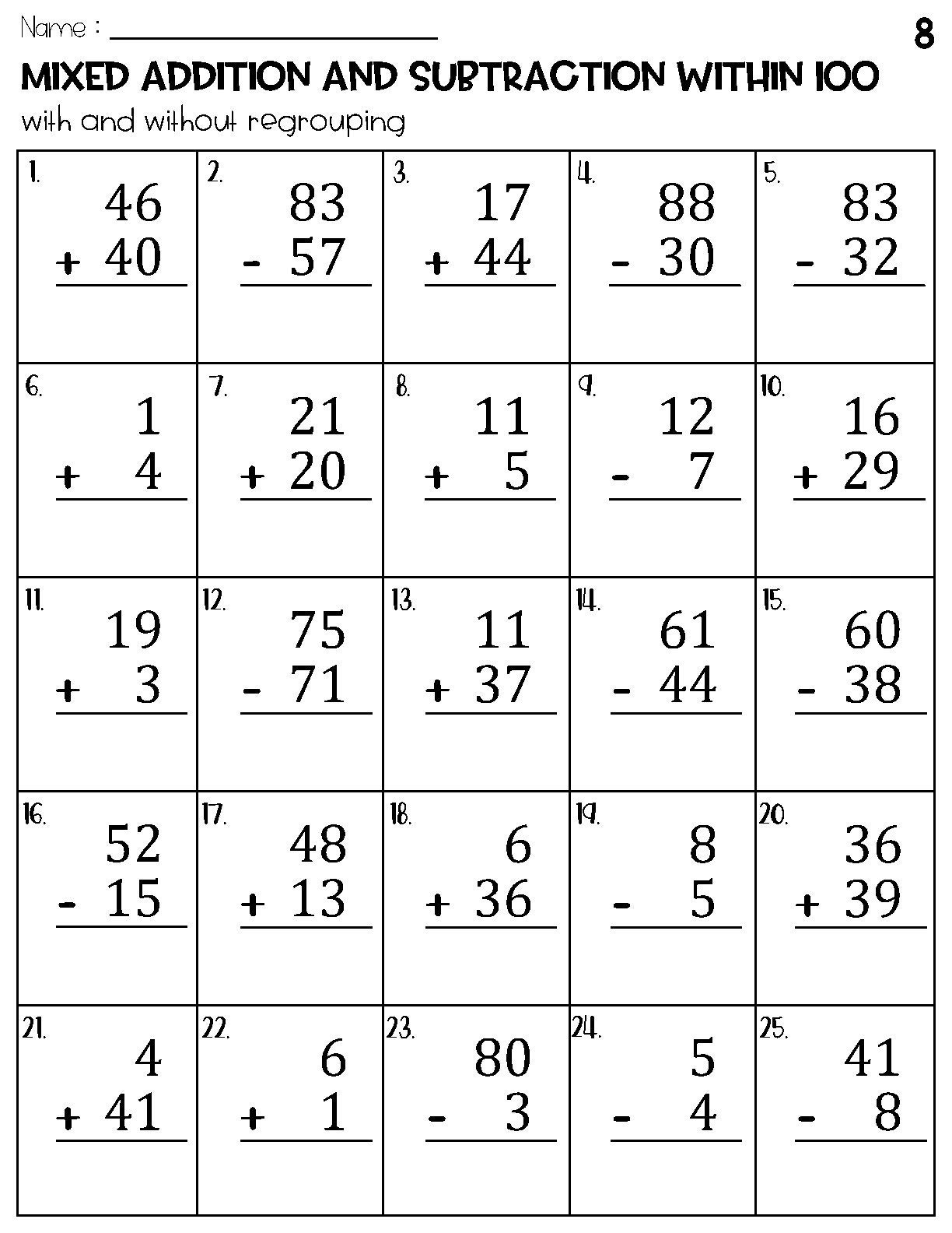 Mixed Addition And Subtraction Within 100 Worksheets Etsy