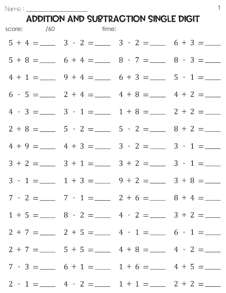 Addition and Subtraction Single Digit Math Timed Tests Speed Drills ...
