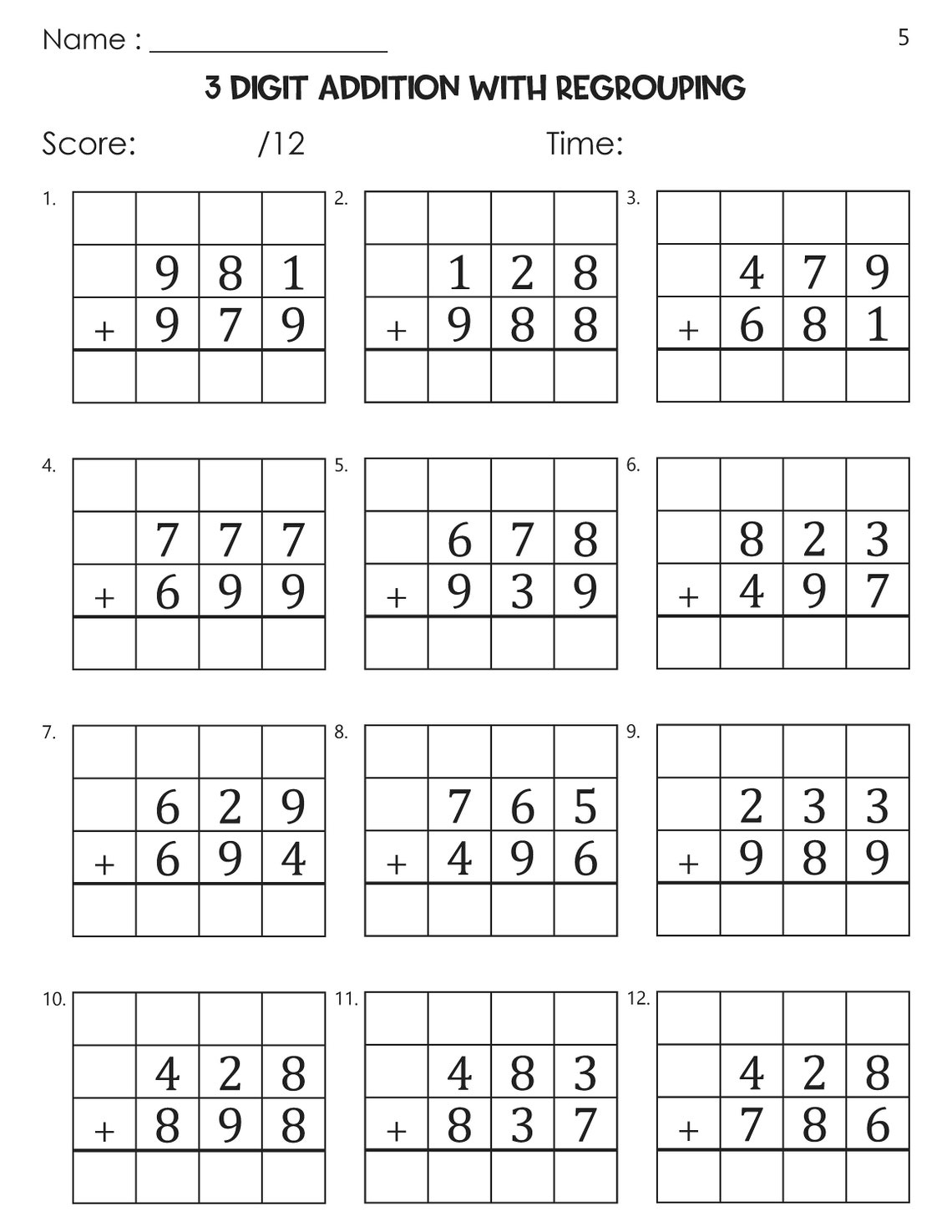 3 Digit Addition With Regrouping Worksheets - Etsy