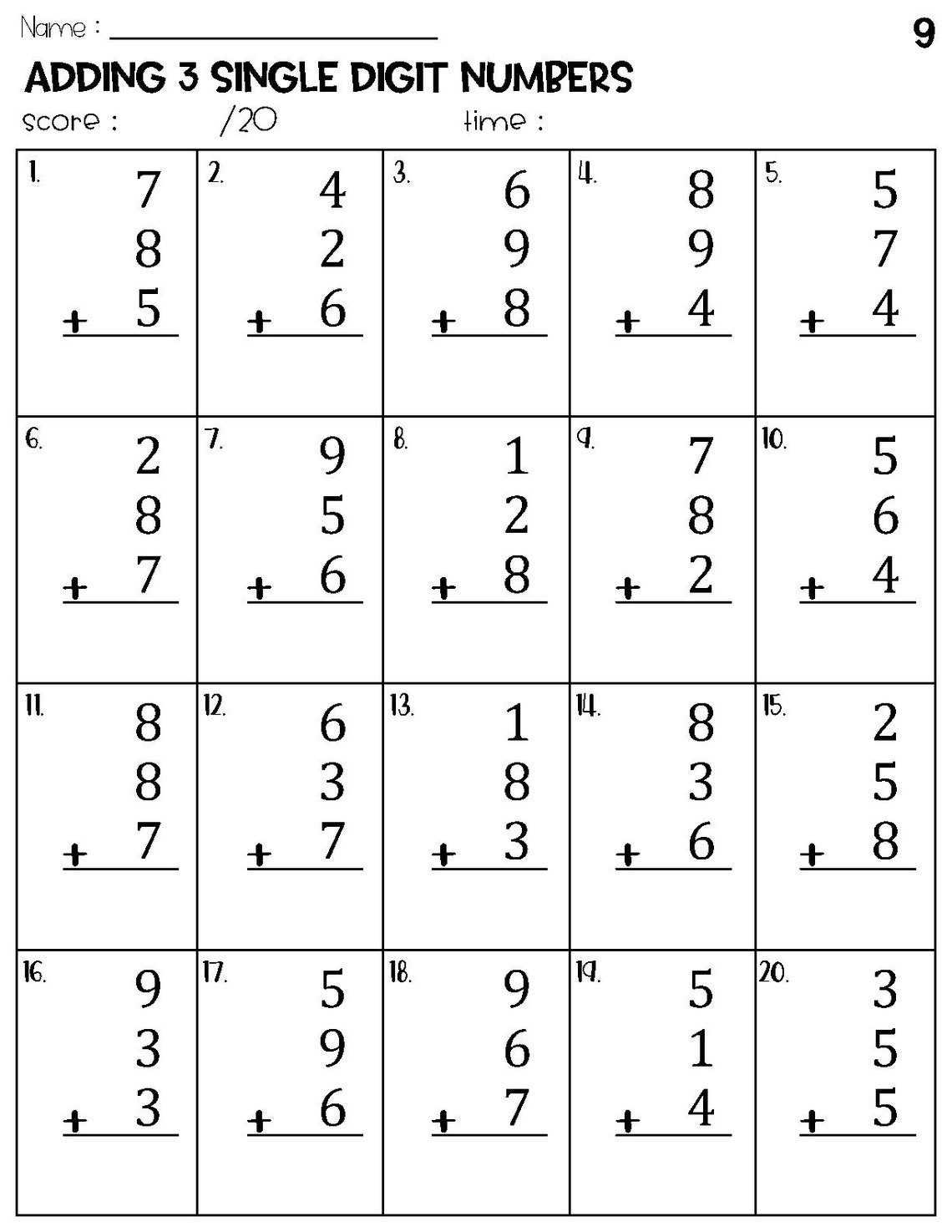 Adding 3 Single Digit Numbers Worksheets - Math Timed Test Addition - Etsy