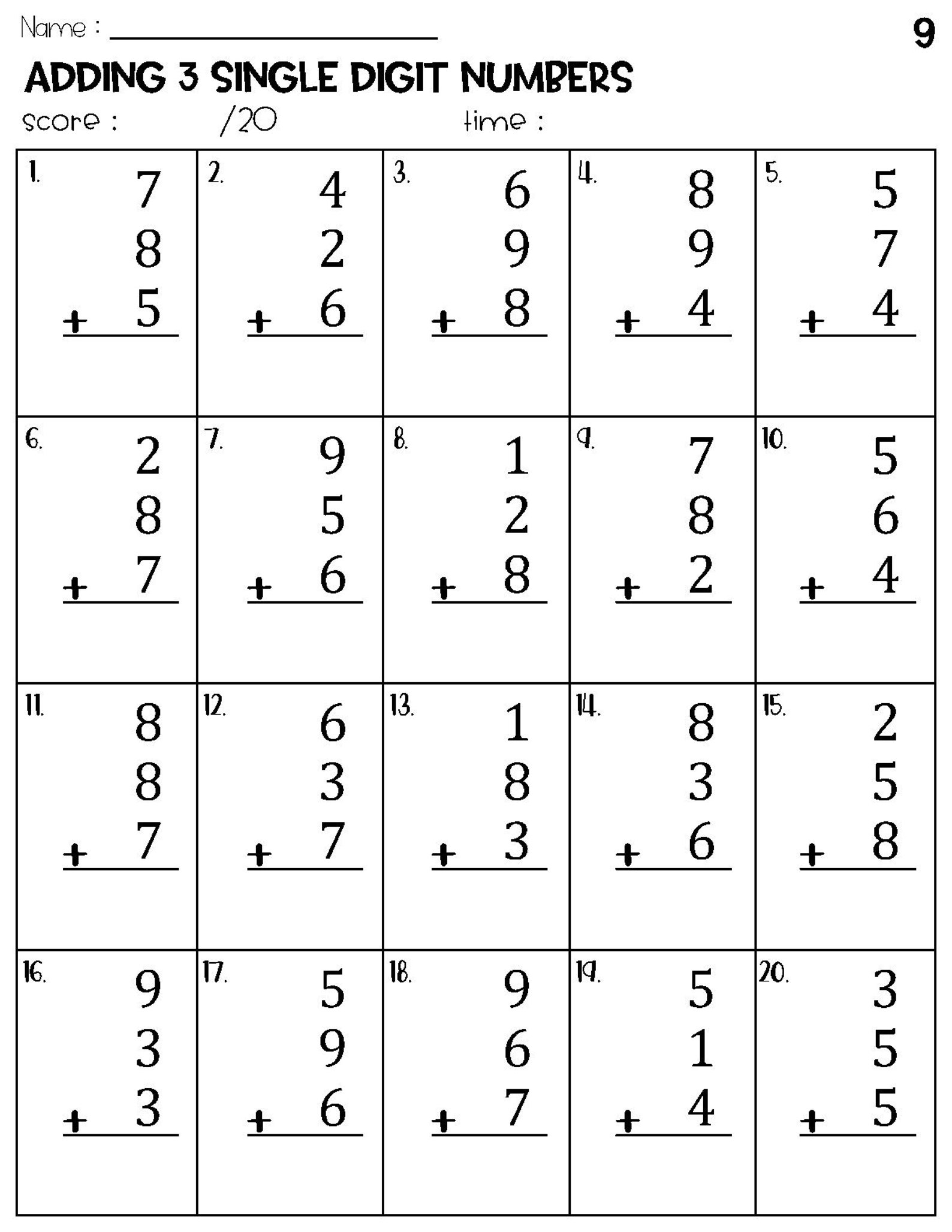 Adding 3 Single Digit Numbers Worksheets - Math Timed Test Addition - Etsy