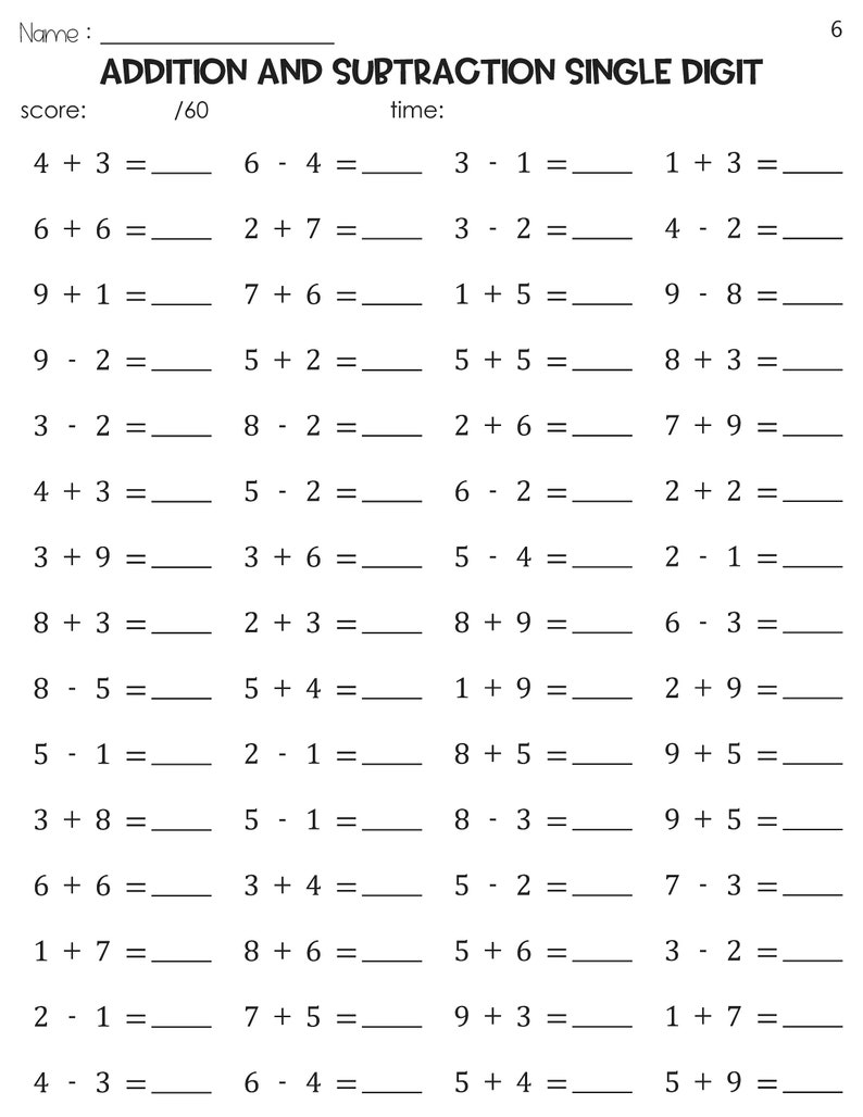 Addition and Subtraction Single Digit Math Timed Tests Speed Drills ...