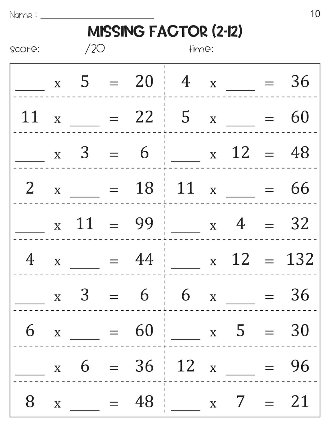Missing Number Multiplication Factor Worksheets - Etsy