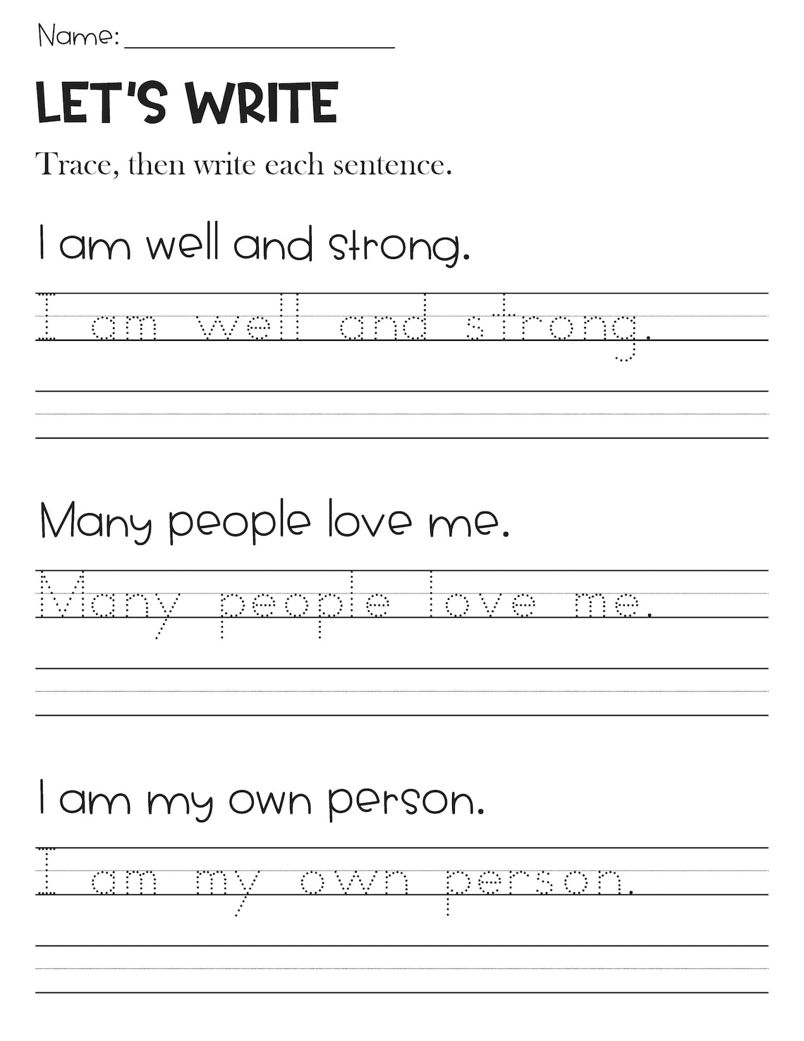 Sentence Writing and Tracing Handwriting Practice Worksheets - Positive ...