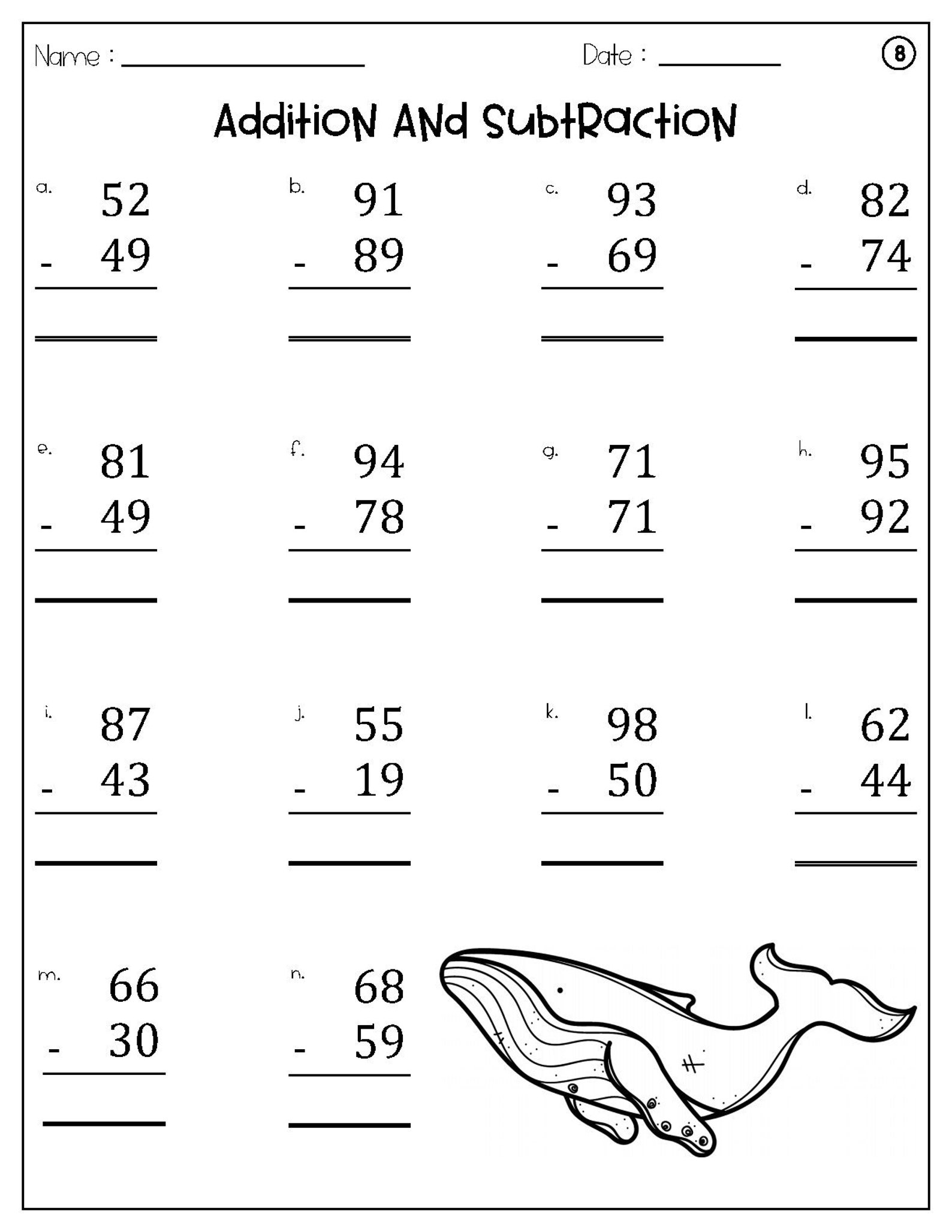 2 Digit Addition and Subtraction Worksheets - Set2 Ocean Theme Math ...