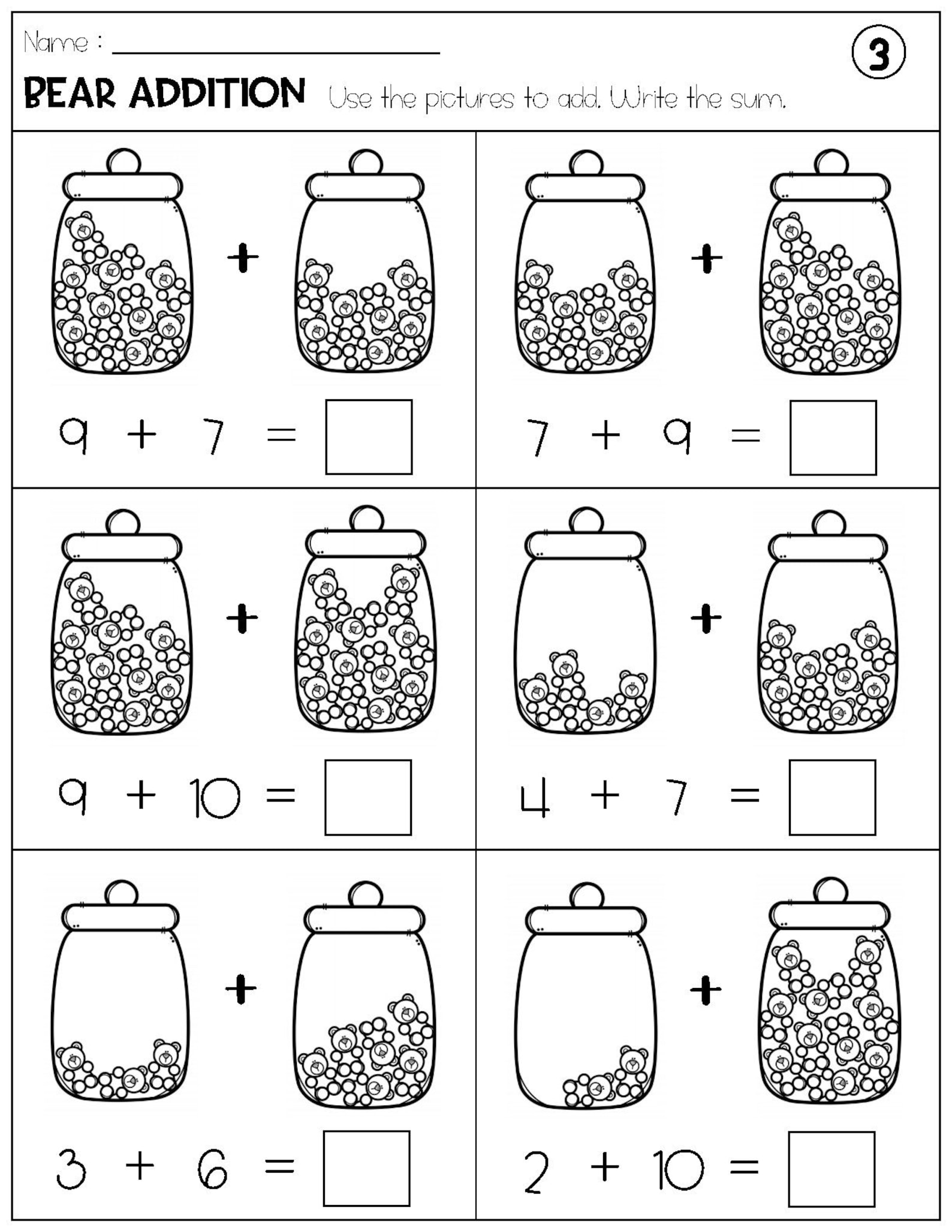Addition With Pictures Sum up to 20 Worksheets - Adding Bears Pictures ...