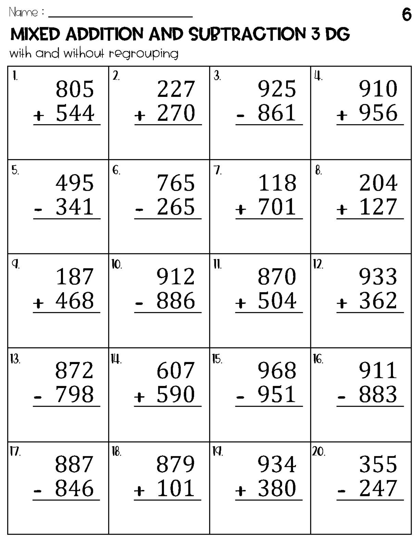 Three Digit Mixed Addition and Subtraction With and Without Regrouping ...