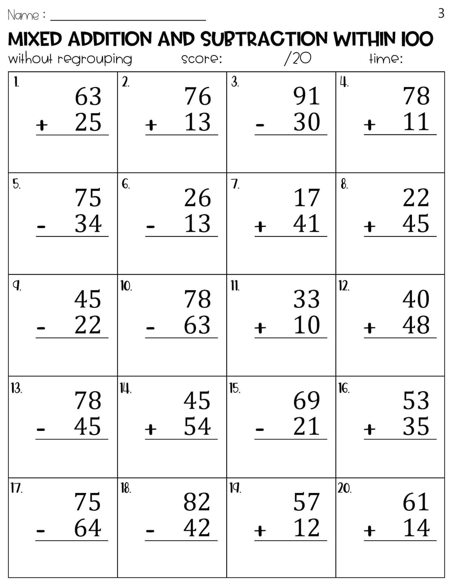 Mixed Addition and Subtraction Within 100 Without Regrouping Worksheets ...