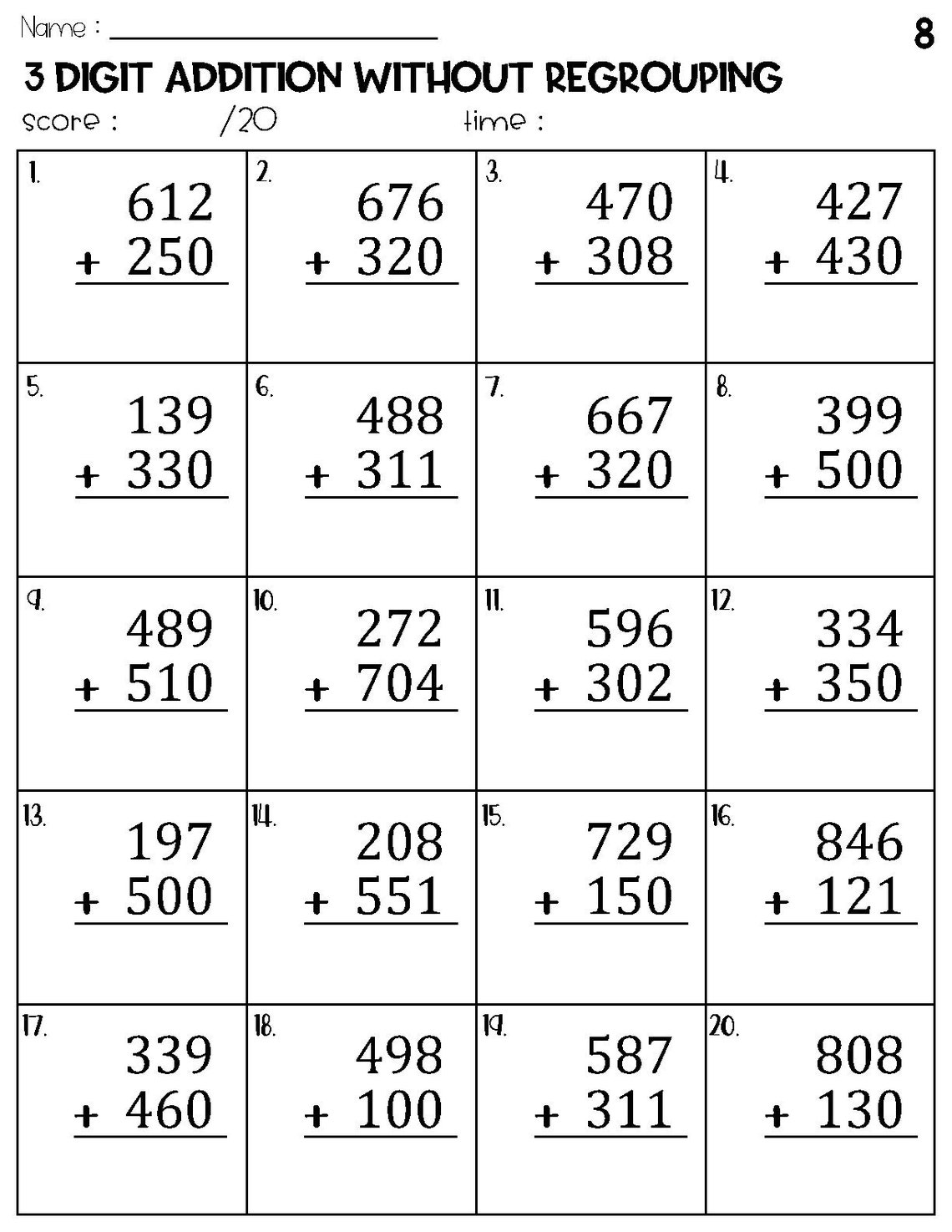 Three Digit Addition Without Regrouping Worksheets - Etsy
