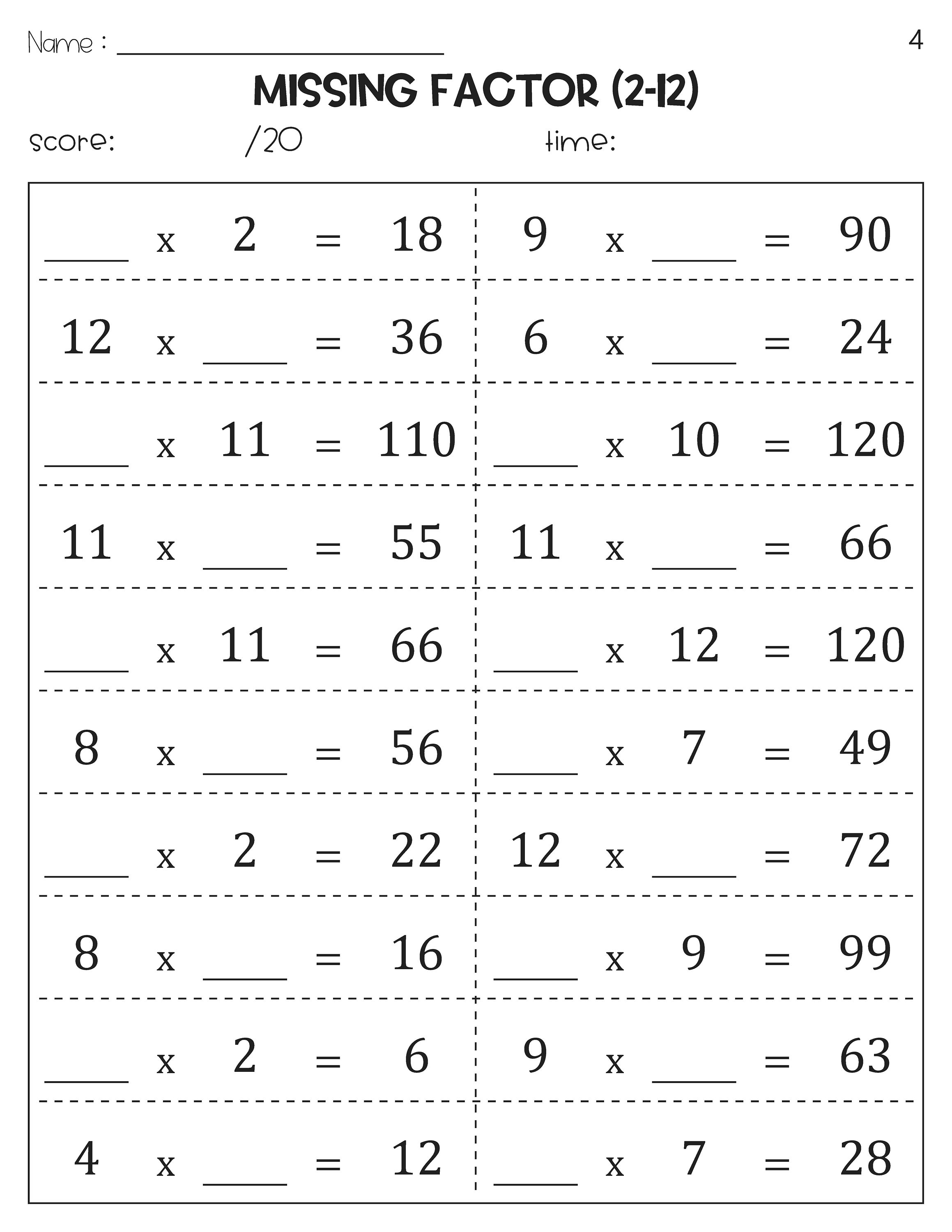 Hojas de trabajo de factores de multiplicación de números faltantes ...