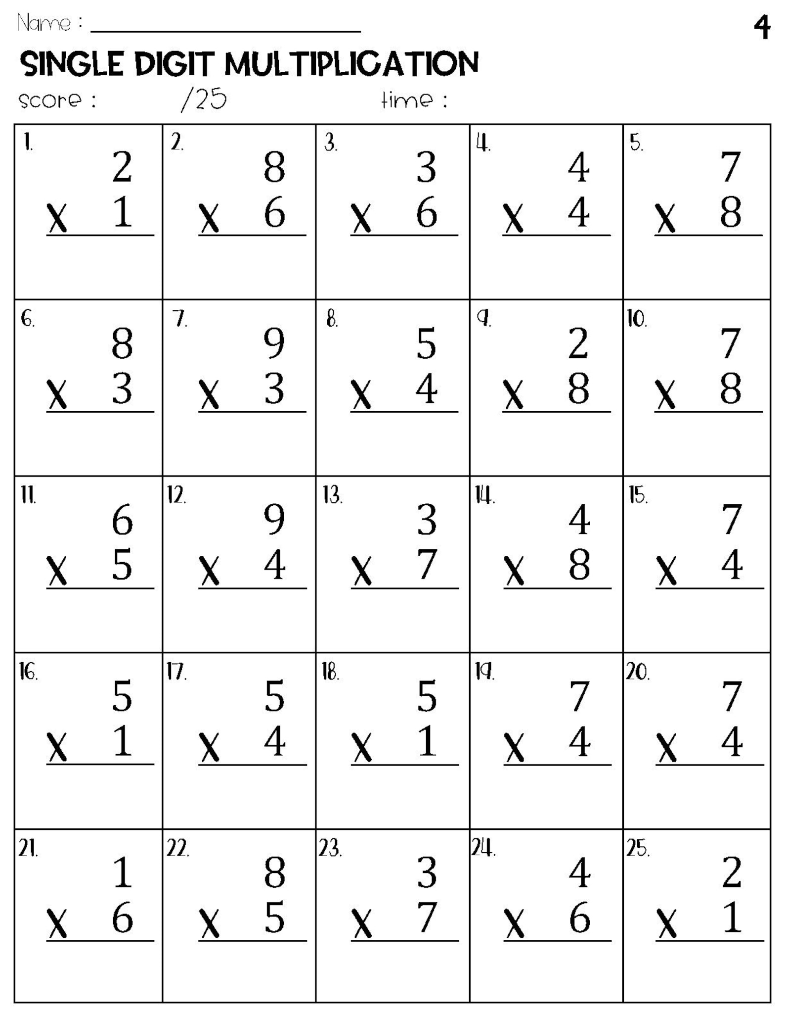 Single Digit Multiplication Worksheets - Etsy