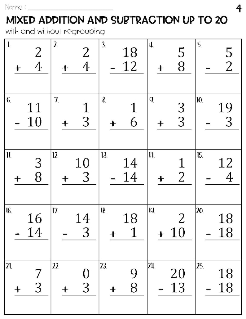 Mixed Addition and Subtraction to 20 Worksheets - Etsy