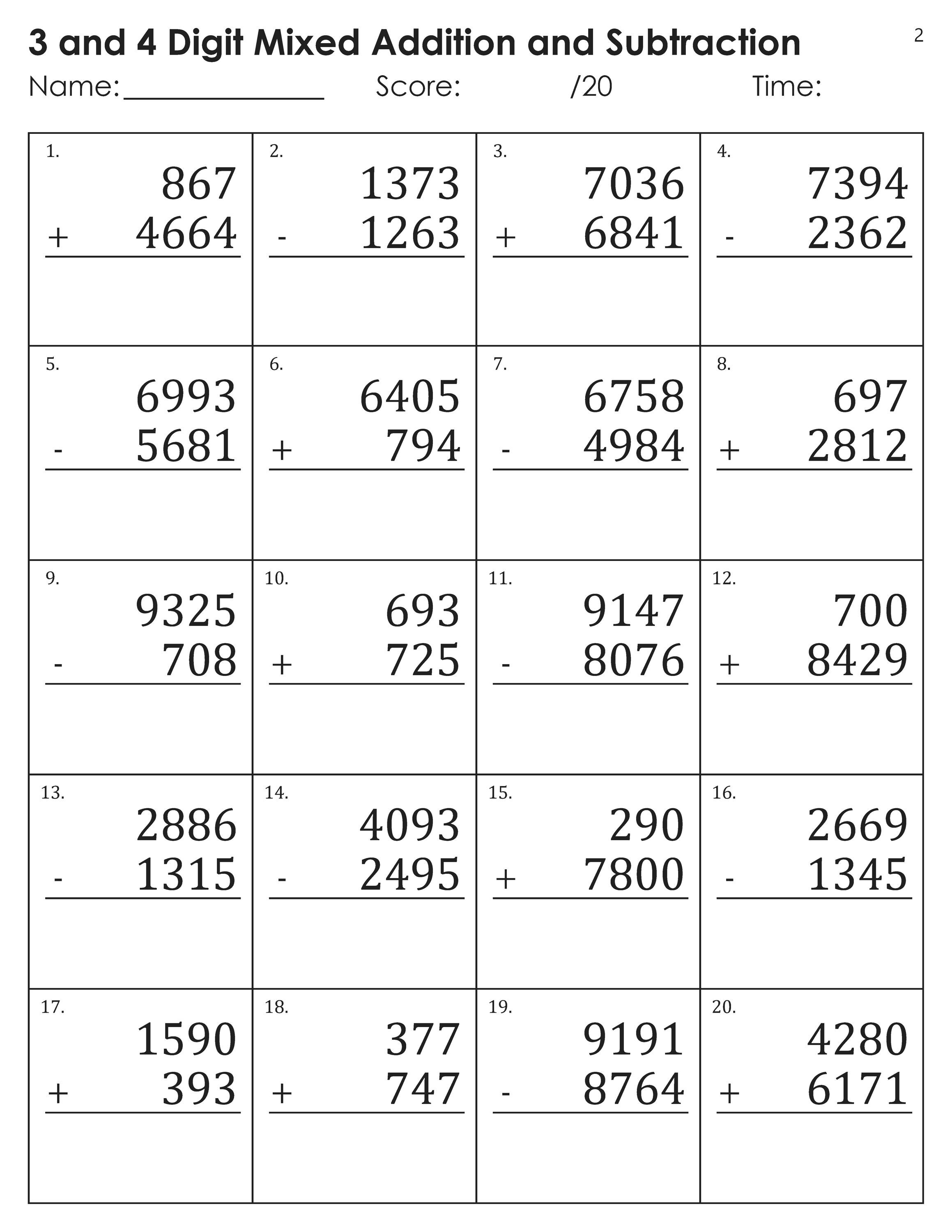 3 and 4 Digit Mixed Addition and Subtraction With Some Regrouping ...