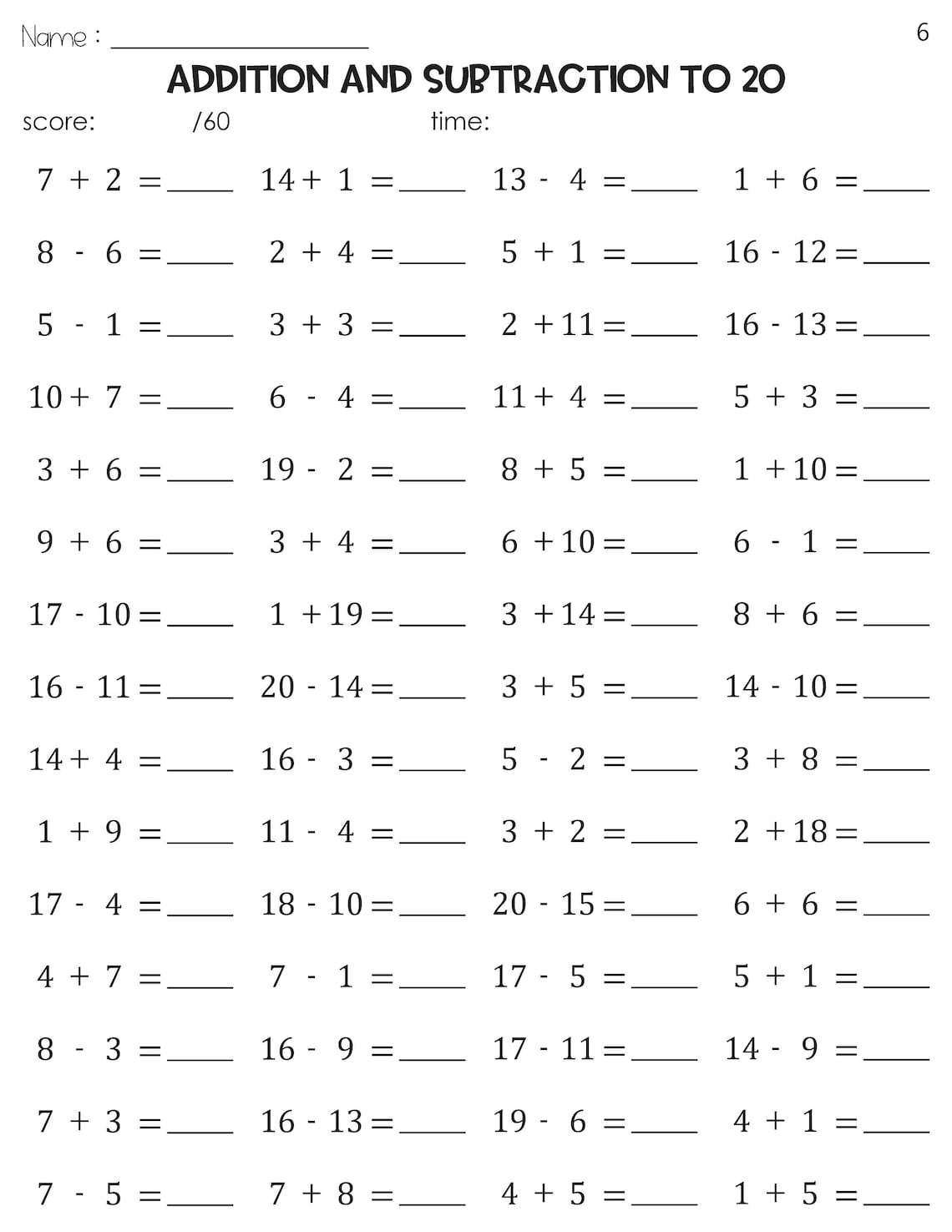 Math Fact Fluency Addition and Subtraction to 20 Timed Tests Practice ...