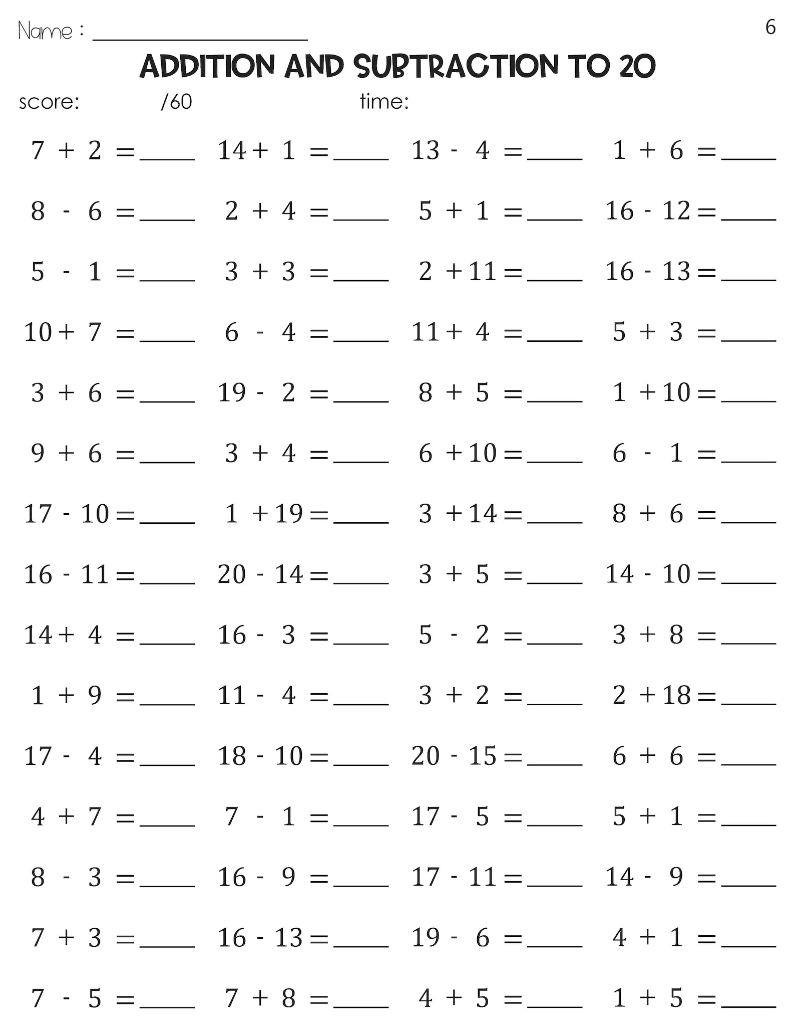 Math Fact Fluency Addition and Subtraction to 20 Timed Tests Practice ...